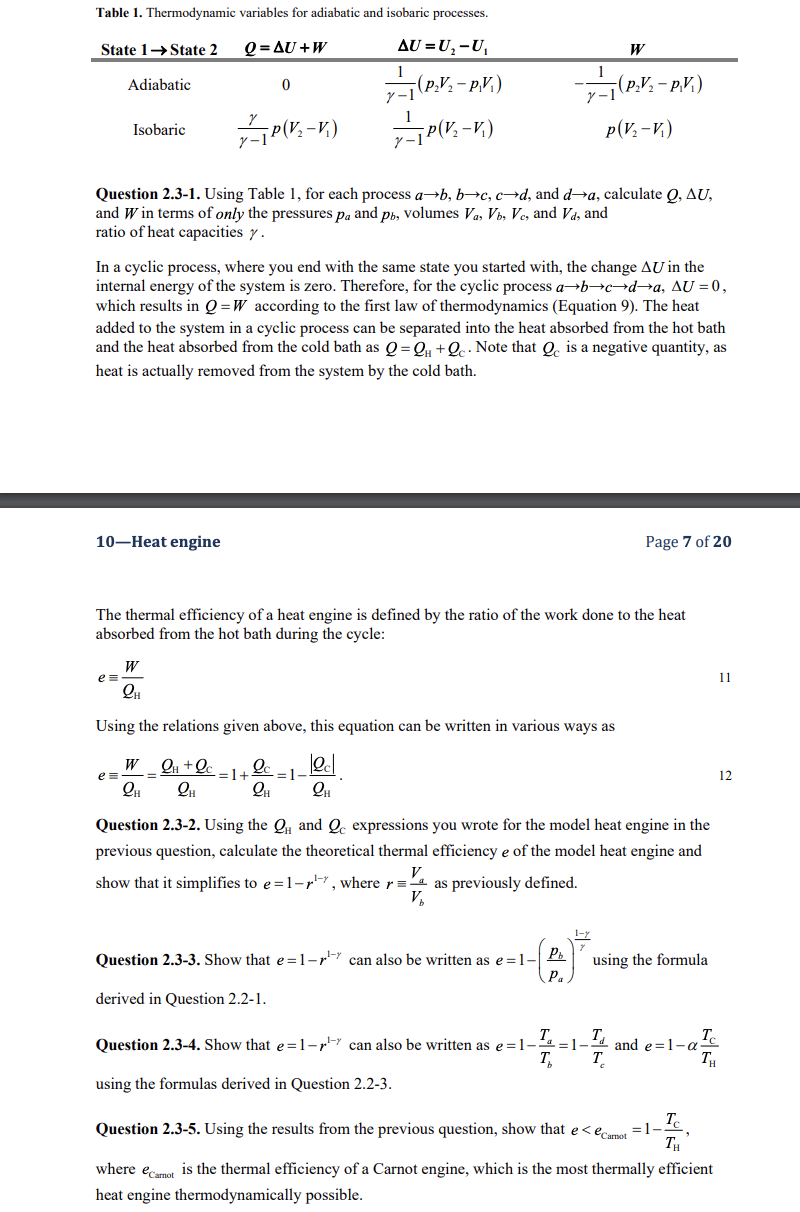 Solved Table 1. Thermodynamic variables for adiabatic and | Chegg.com
