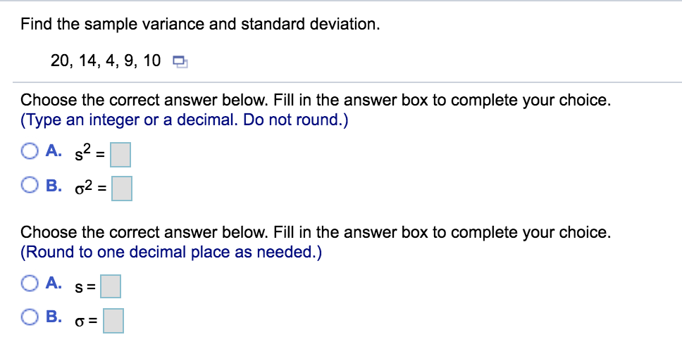 Solved Find the sample variance and standard deviation. 20, | Chegg.com