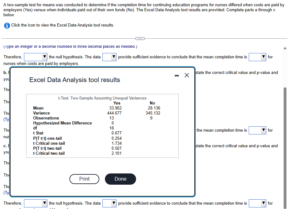 Solved A two-sample test for means was conducted to | Chegg.com