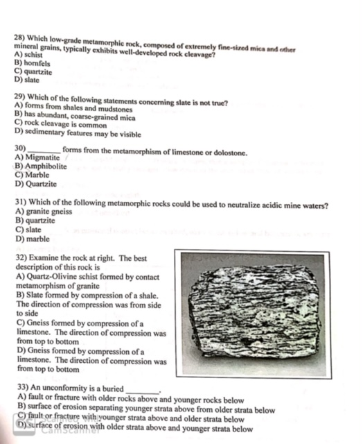 Solved 28) Which low-grade metamorphic rock, composed of | Chegg.com