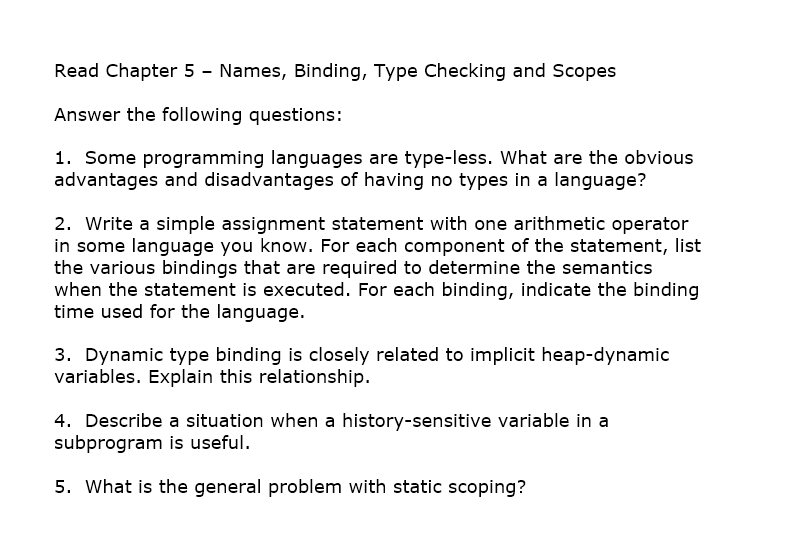 Solved Read Chapter 5 - Names, Binding, Type Checking and | Chegg.com