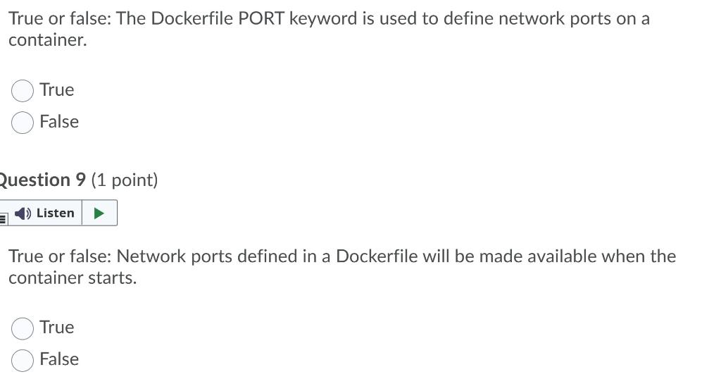 Solved True or false: The Dockerfile PORT keyword is used to | Chegg.com