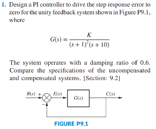 Solved 1. Design a PI controller to drive the step response | Chegg.com