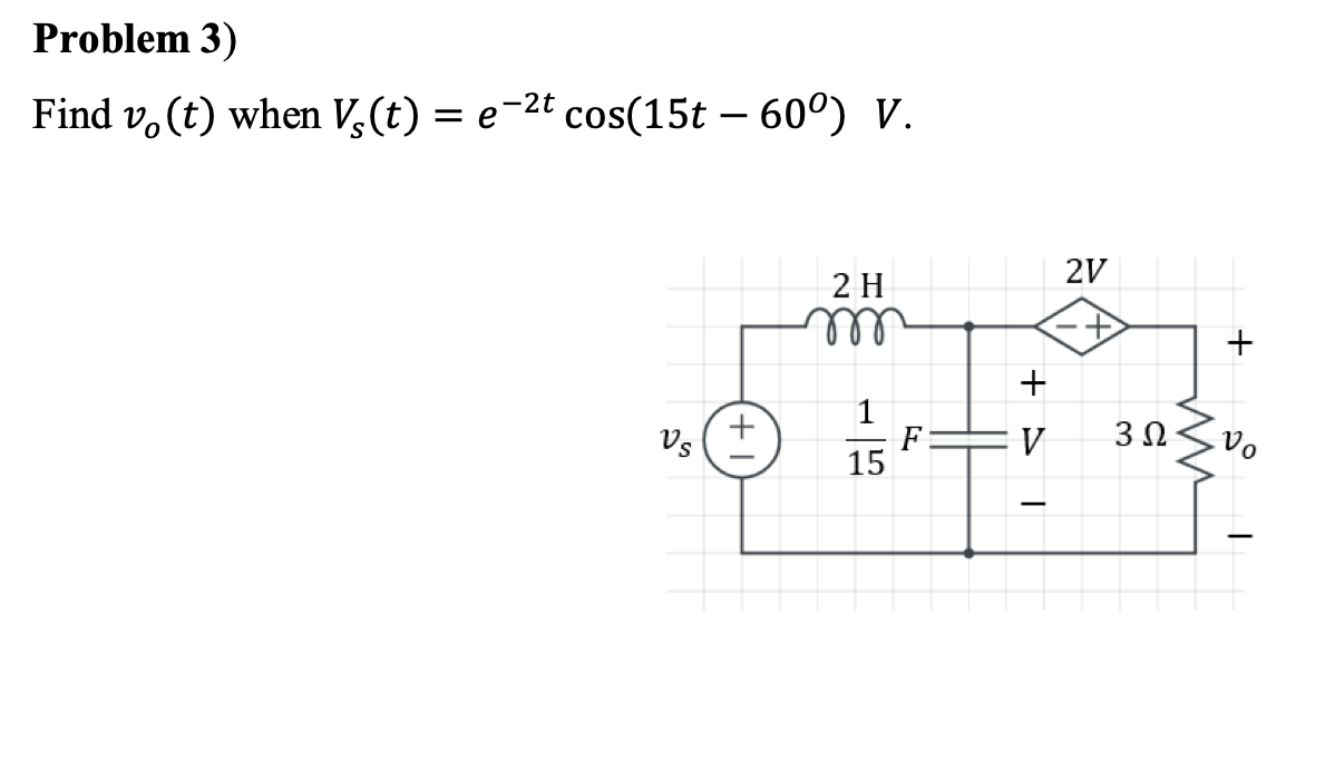 Solved Problem 3)Find vo(t) ﻿when Vs(t)=e-2tcos(15t-60°),V. | Chegg.com