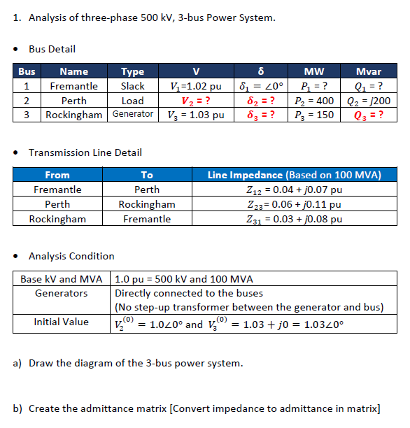 Solved 1. Analysis of three-phase 500kV,3-bus Power System. | Chegg.com