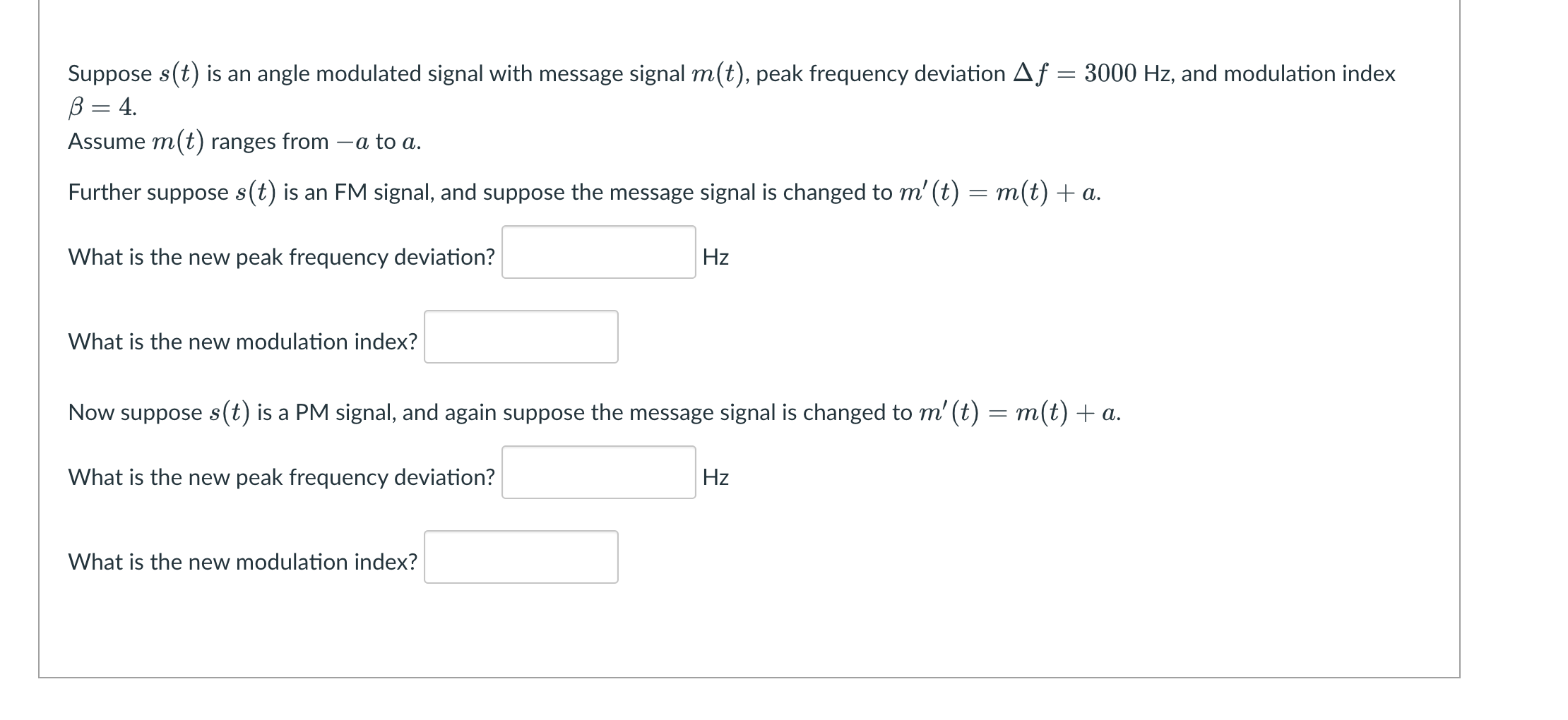 Solved Suppose s(t) is an angle modulated signal with | Chegg.com Solved Suppose s(t) is an angle modulated signal with | Chegg.com