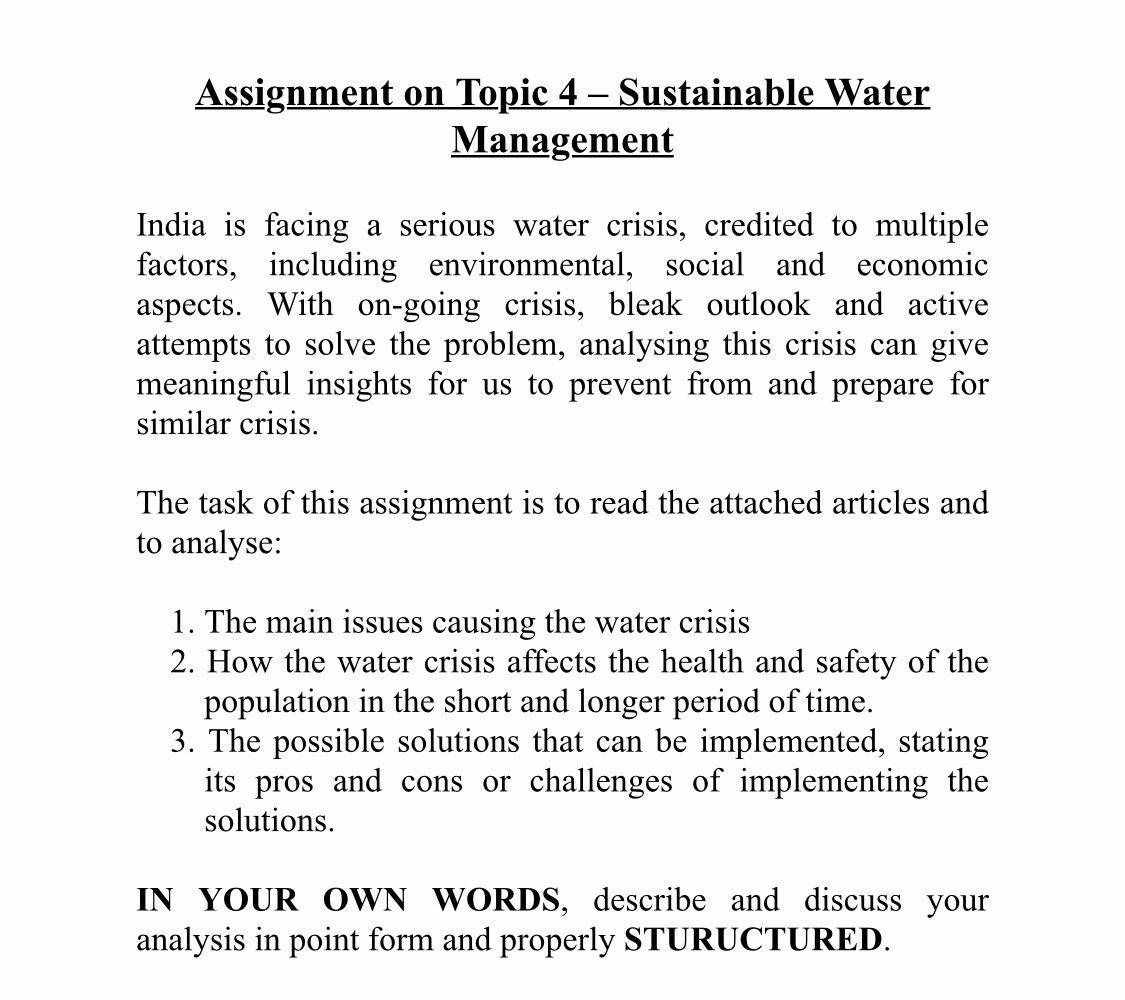 Solved Assignment on Topic 4 – Sustainable Water Management | Chegg.com