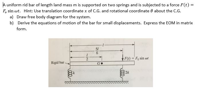 Solved A uniform rid bar of length land mass m is supported | Chegg.com