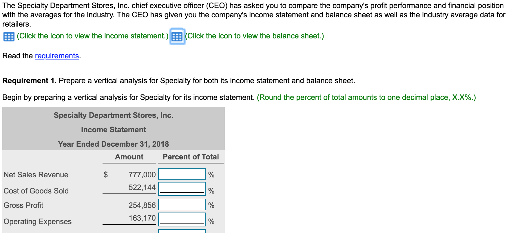 Solved Data Table Specialty Department Stores, Inc. Income | Chegg.com