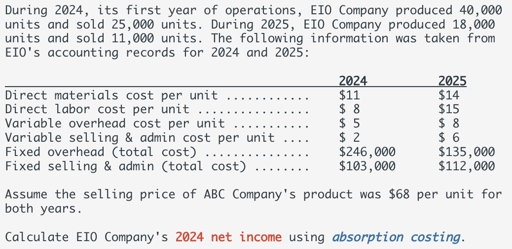 Solved During 2024 , its first year of operations, EIO | Chegg.com