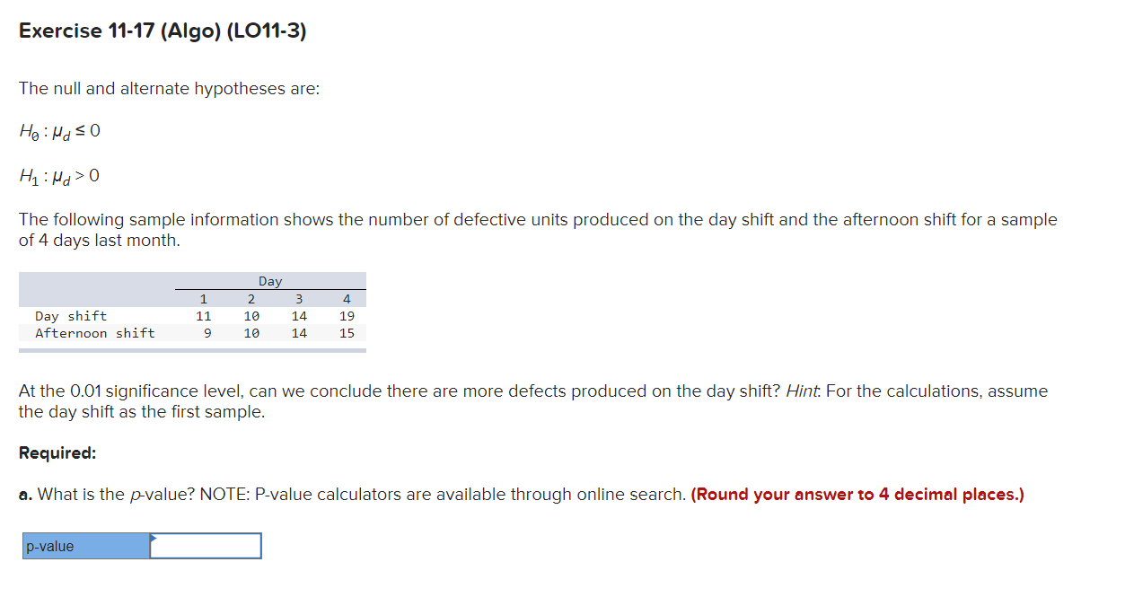 Solved Exercise 11-17 (Algo) (LO11-3)The null and alternate | Chegg.com
