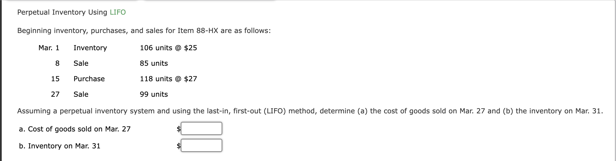 Solved Perpetual Inventory Using LIFO Beginning inventory, | Chegg.com
