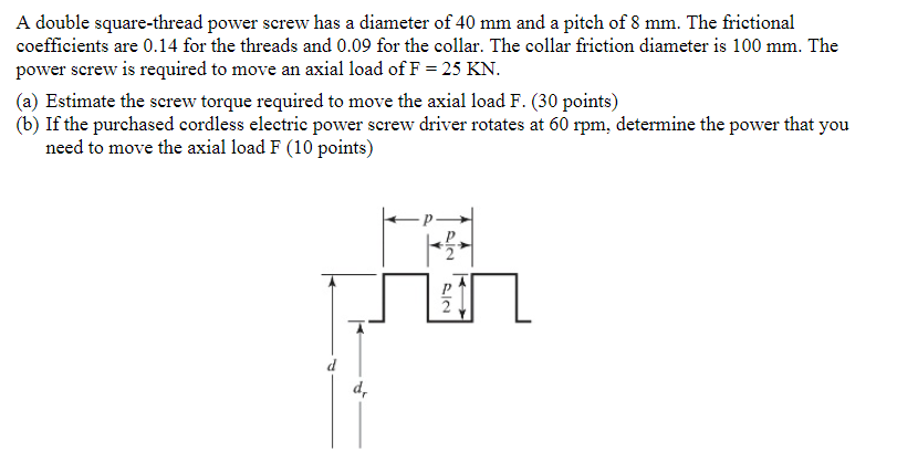 Solved A double square-thread power screw has a diameter of | Chegg.com