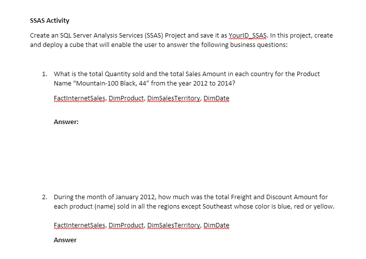 SSAS Activity Create an SQL Server Analysis Services | Chegg.com