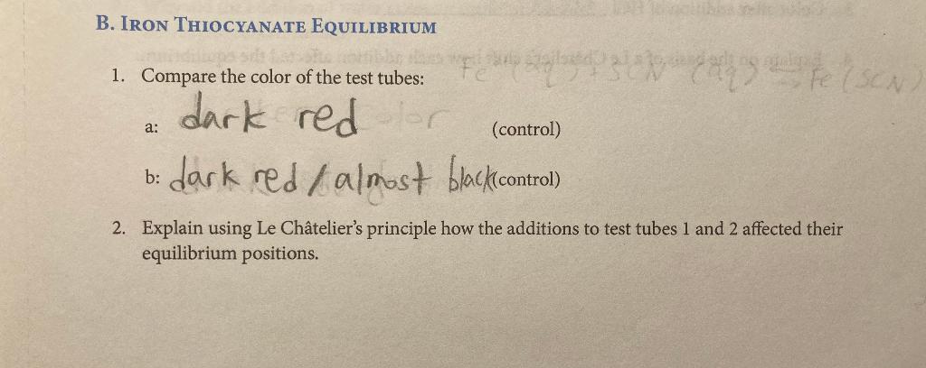 Solved B. THE IRON THIOCYANATE COMPLEX Fe3+(aq) + SCN-(aq) = | Chegg.com