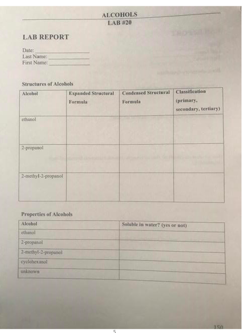 Solved ALCOHOLS LAB #20 LAB REPORT Date: Last Name: First | Chegg.com