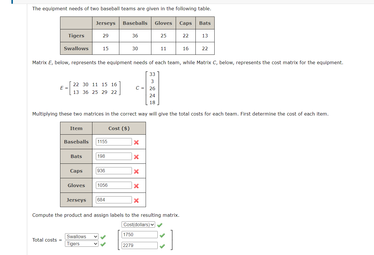 Solved The equipment needs of two baseball teams are given | Chegg.com