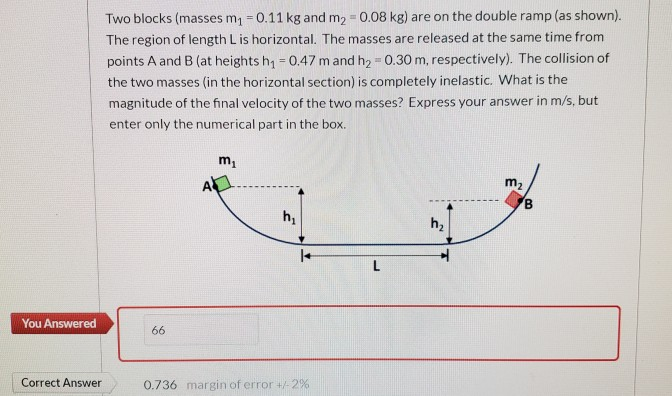 Solved Two blocks (masses m1 = 0.11 kg and m2 = 0.08 kg) are | Chegg.com