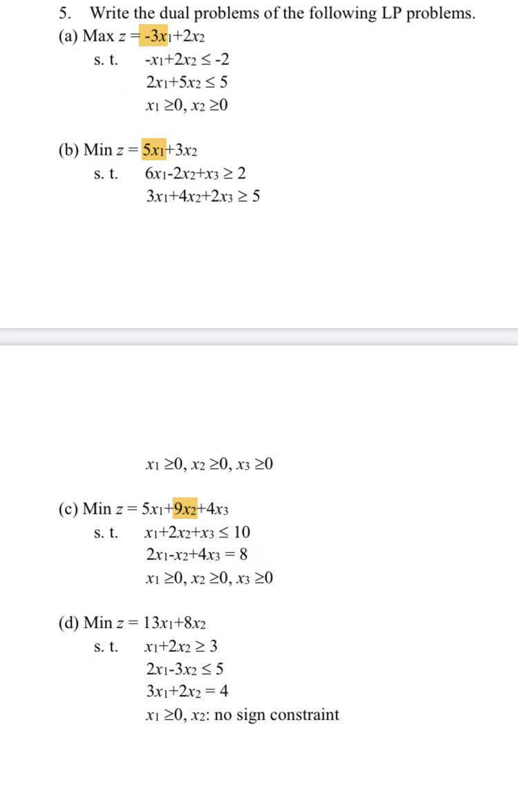 Solved 5. Write the dual problems of the following LP | Chegg.com