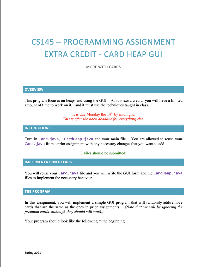 Solved CS145 - PROGRAMMING ASSIGNMENT EXTRA CREDIT - CARD | Chegg.com