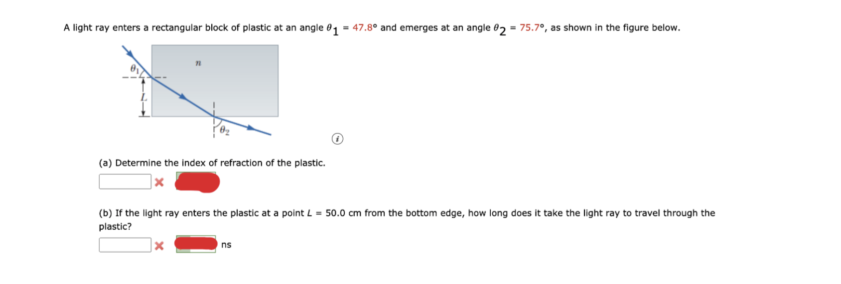 Solved A light ray enters a rectangular block of plastic at | Chegg.com