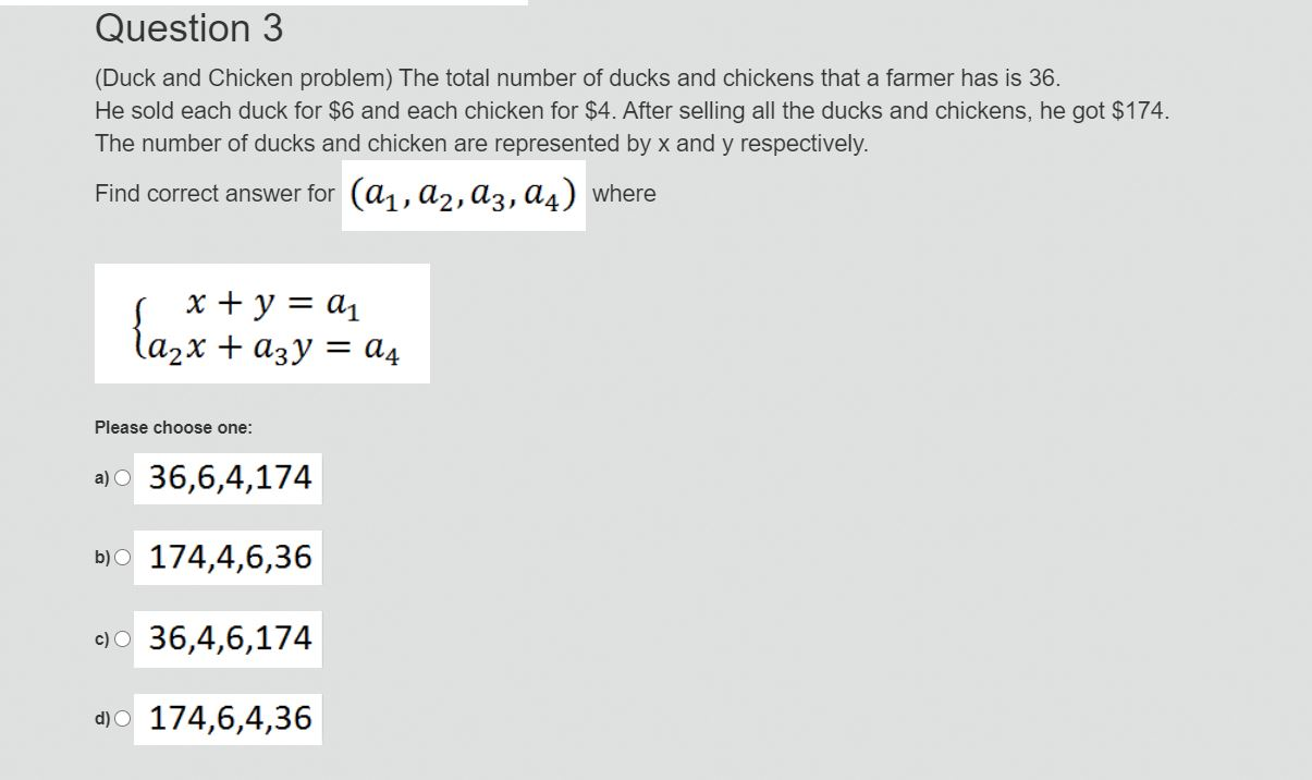 Solved Question 3 (Duck and Chicken problem) The total | Chegg.com
