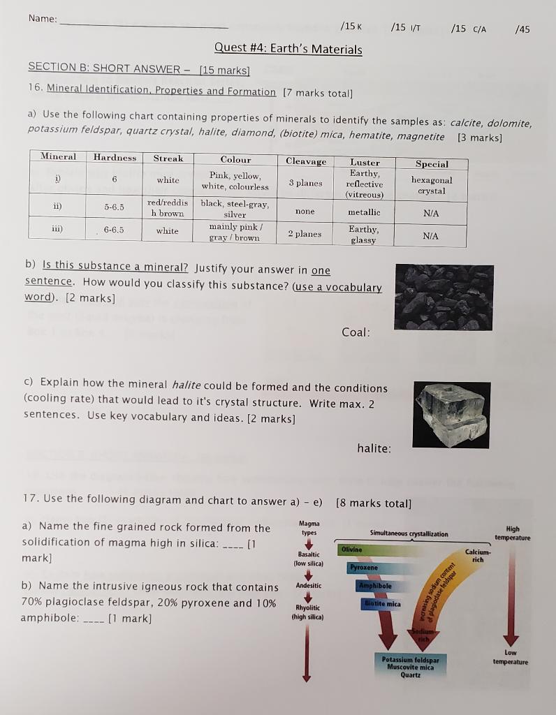 Solved Name: /15 K /15 / /15 C/A /45 Quest #4: Earth's | Chegg.com