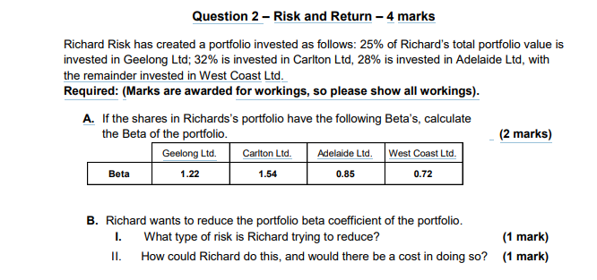 Solved Question 2 – Risk and Return – 4 marks Richard Risk | Chegg.com