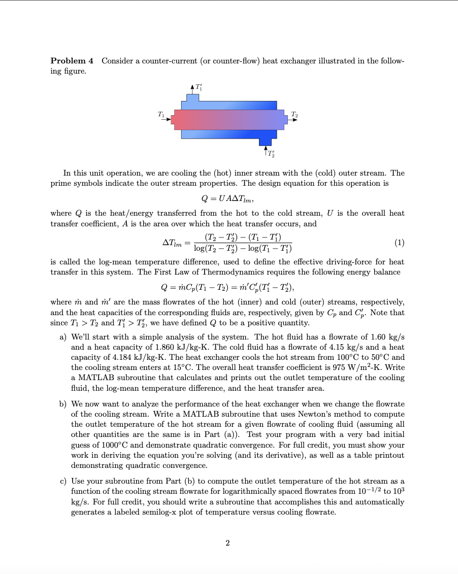 Solved Problem 4 Consider a counter-current (or | Chegg.com