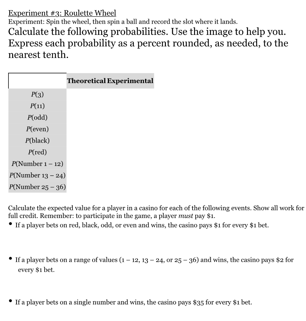 Experiment #3: Roulette Wheel Experiment: Spin the | Chegg.com