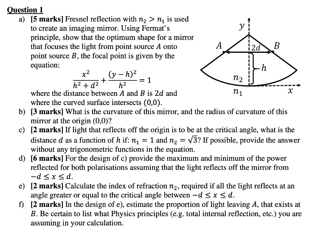 Solved n2 ni Question 1 a) [5 marks] Fresnel reflection with | Chegg.com