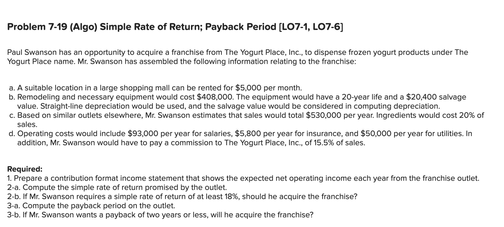 Solved Problem 7-19 (Algo) Simple Rate of Return; Payback | Chegg.com