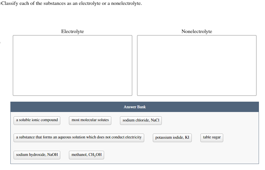 Solved Classify each of the substances as an electrolyte or | Chegg.com