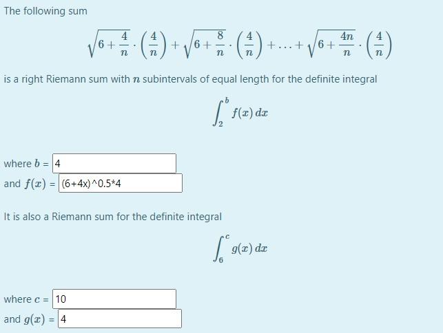 Solved The following sum 6+n4⋅(n4)+6+n8⋅(n4)+…+6+n4n⋅(n4) is | Chegg.com