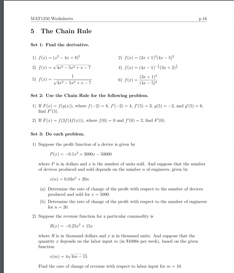 Solved MAT1250 Worksheets p.16 5 The Chain Rule Set 1: Find | Chegg.com