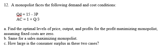 Solved 12. A monopolist faces the following demand and cost | Chegg.com