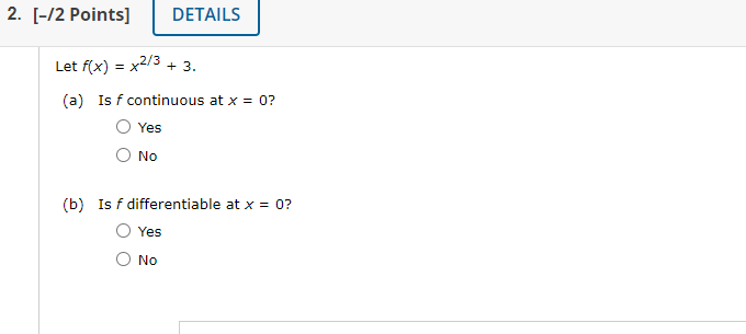 Solved [-/2 ﻿Points]Let f(x)=x23+3.(a) ﻿Is f ﻿continuous at | Chegg.com