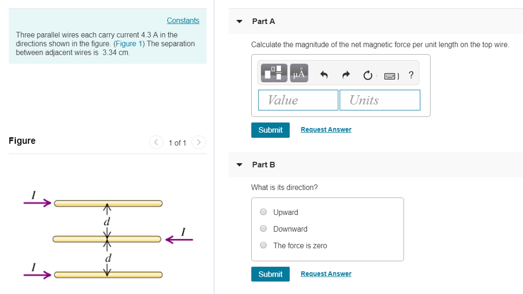 Solved Constants Part A Three parallel wires each carry | Chegg.com