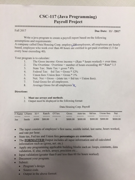 Solved CSC-117 (Java Programming) Payroll Project Fall 2017 | Chegg.com