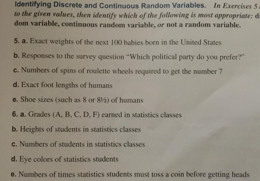 Solved Identifying Discrete and Continuous Random Variables. | Chegg.com