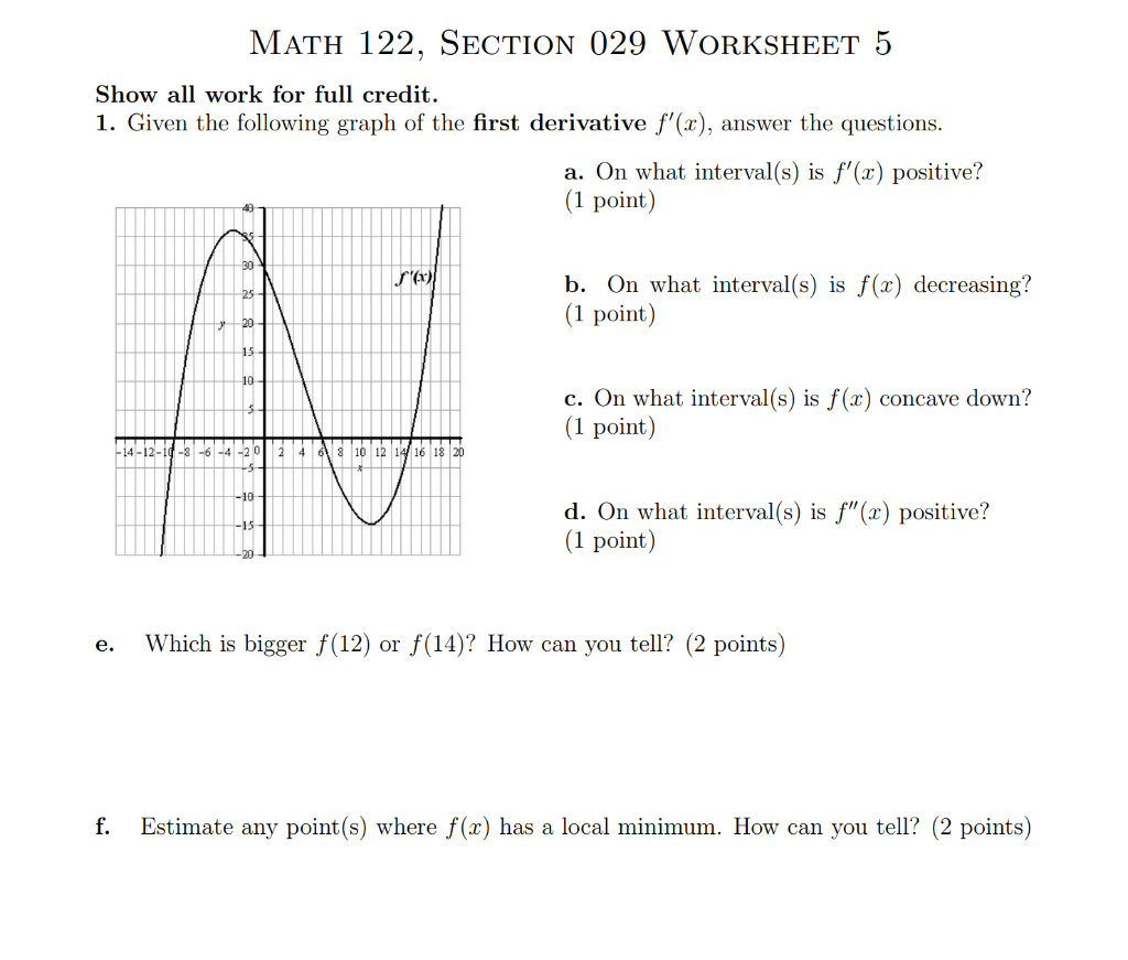 Solved MATH 122, SECTION 029 WORKSHEET 5 Show all work for | Chegg.com