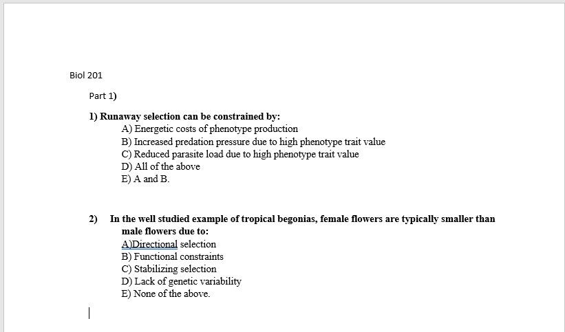 Solved Biol 201 Part 1) 1) Runaway selection can be | Chegg.com