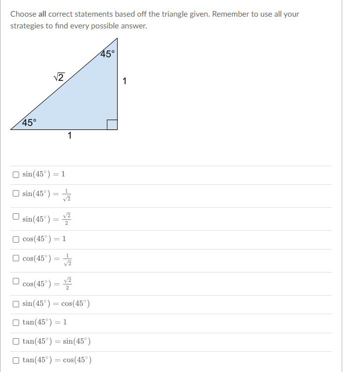 Solved Choose all correct statements based off the triangle | Chegg.com