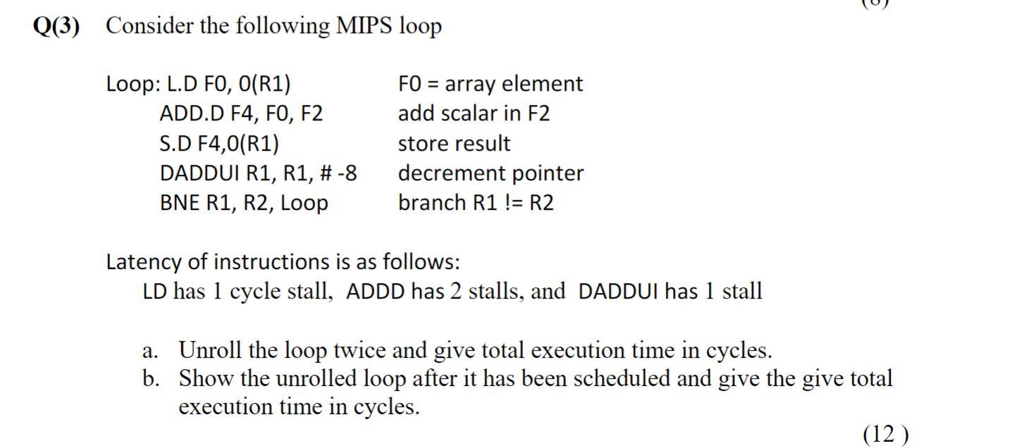 (0) Q(3) Consider the following MIPS loop Loop: L.D | Chegg.com