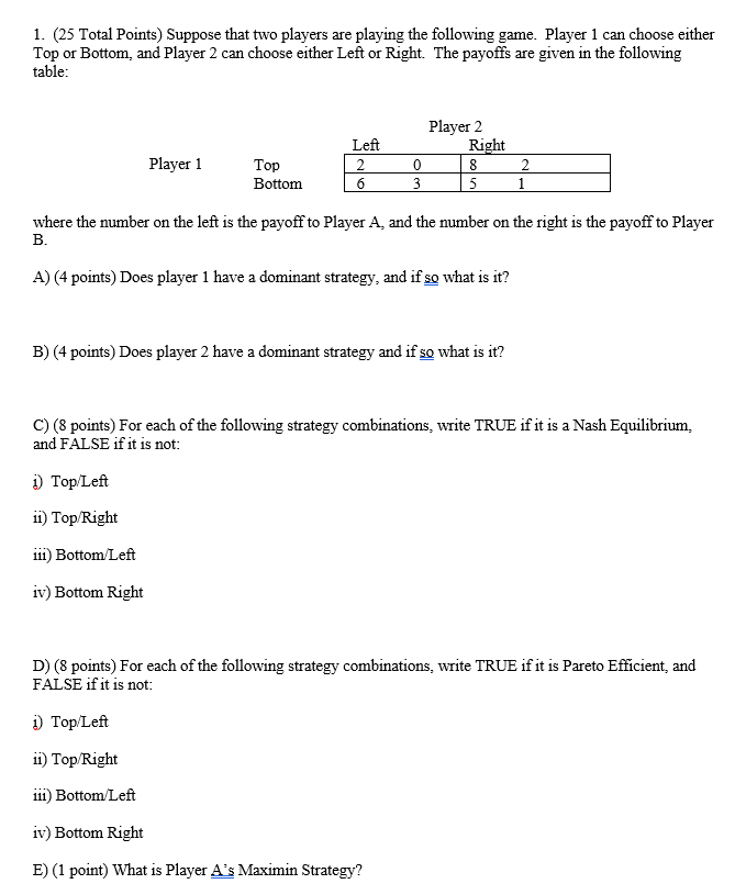 Solved 1. (25 Total Points) Suppose that two players are | Chegg.com