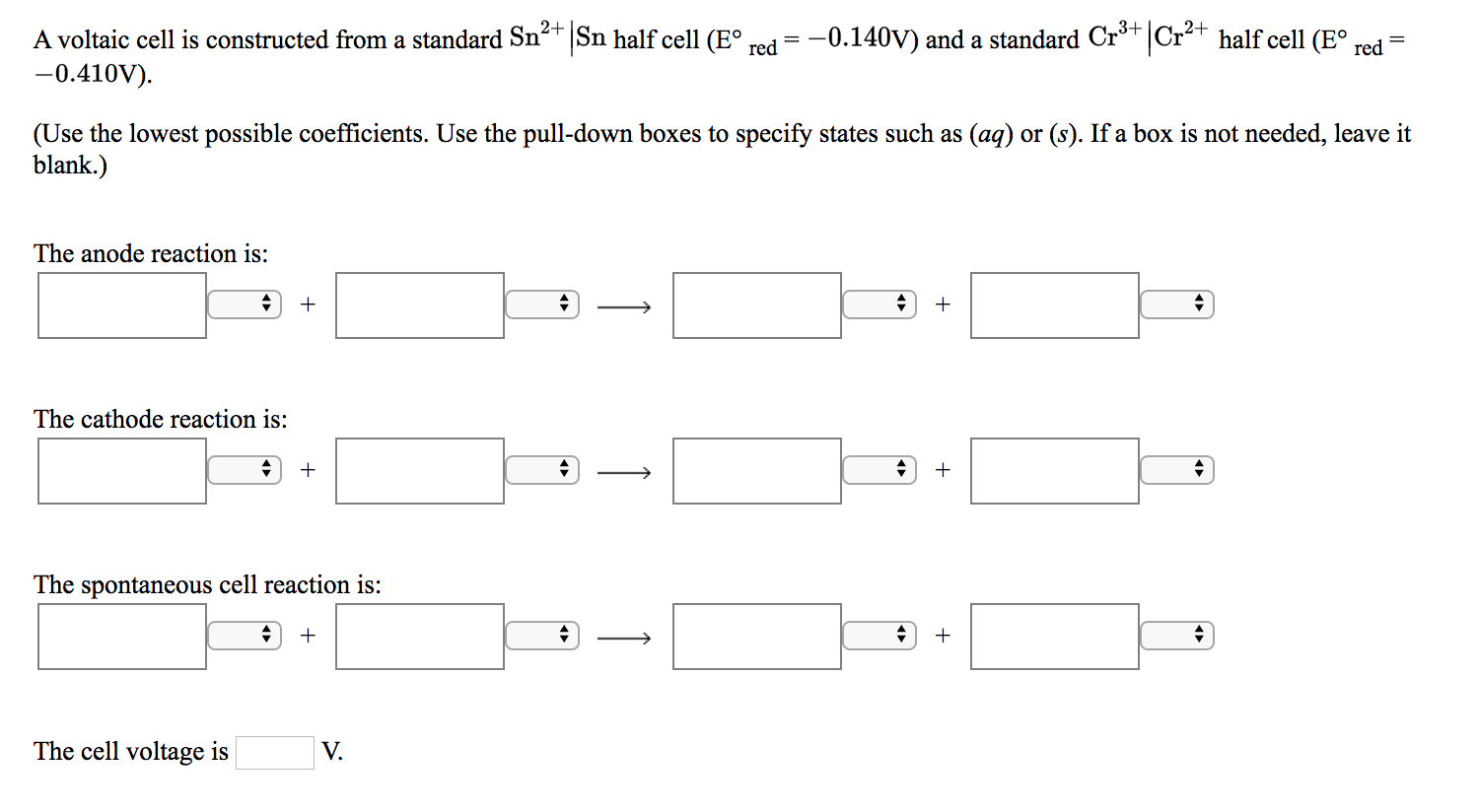 Solved A voltaic cell is constructed from a standard Sn2+ Sn | Chegg.com