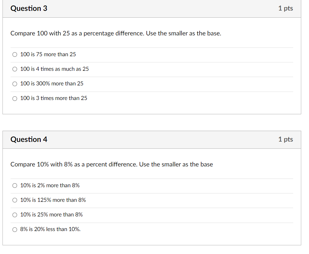 Solved Compare 100 with 25 as a simple difference. Use the | Chegg.com