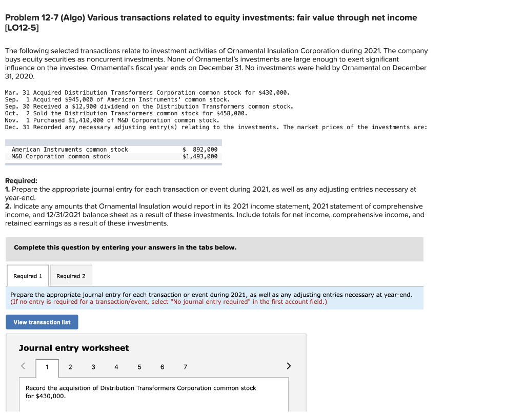 Solved Problem 12-7 (Algo) Various transactions related to | Chegg.com
