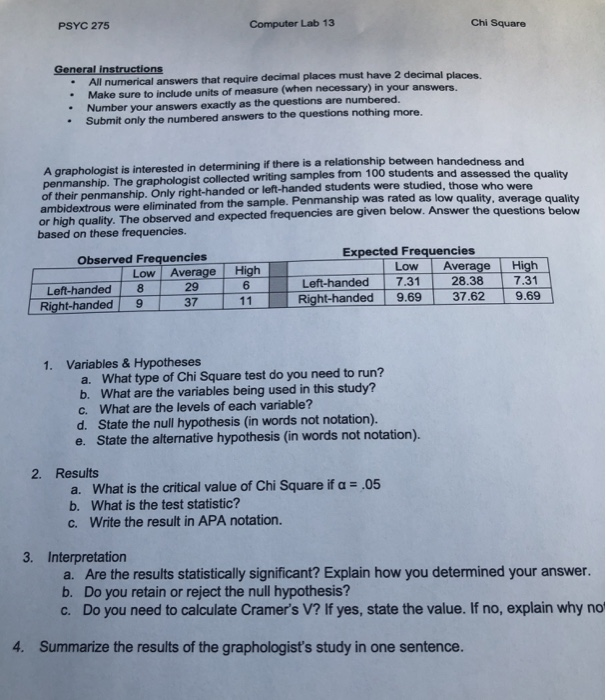 Solved Psyc 275 Computer Lab 13 Chi Square General