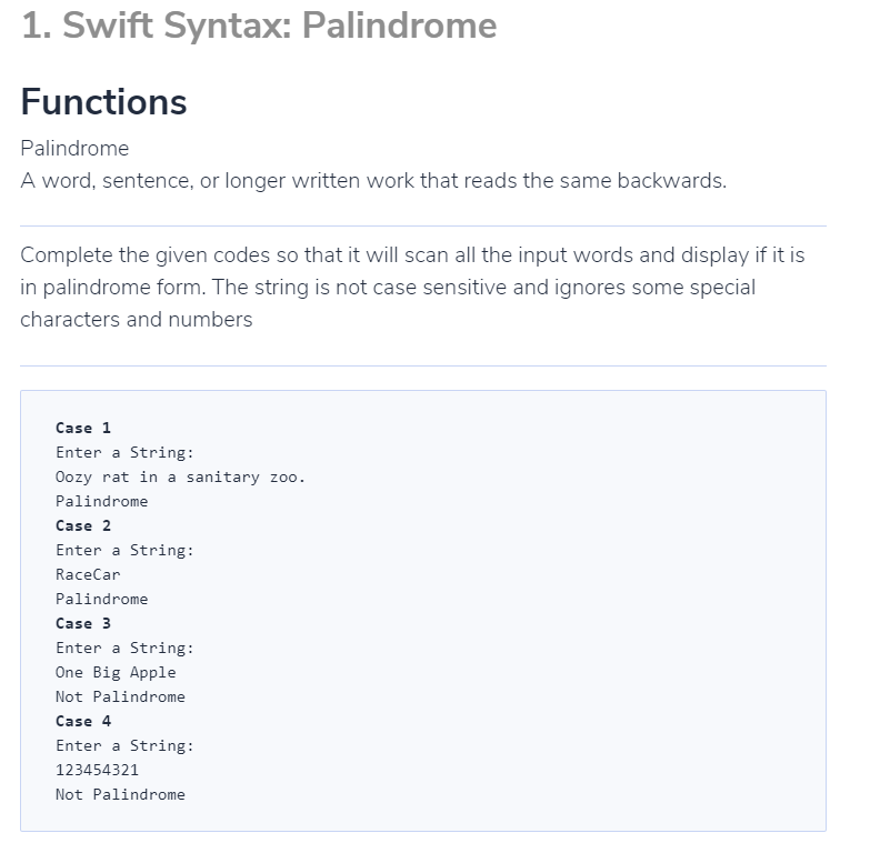 Solved 1 Swift Syntax Palindrome Functions Palindrome A 9505